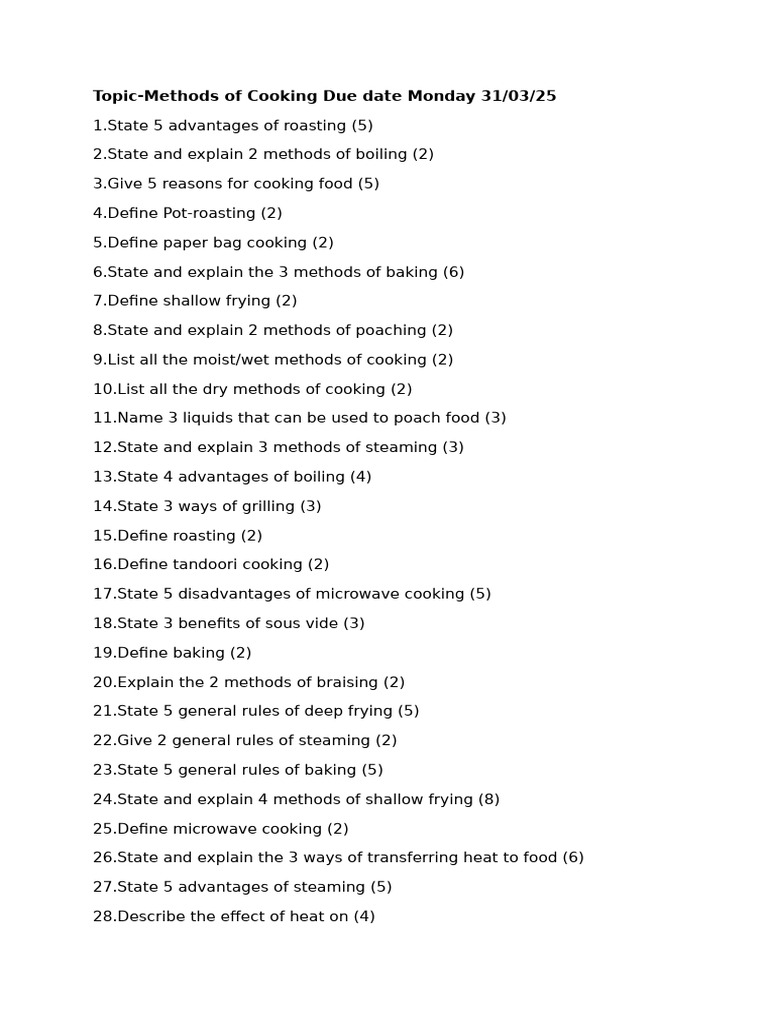 Cooking Methods Assignment Guide | PDF