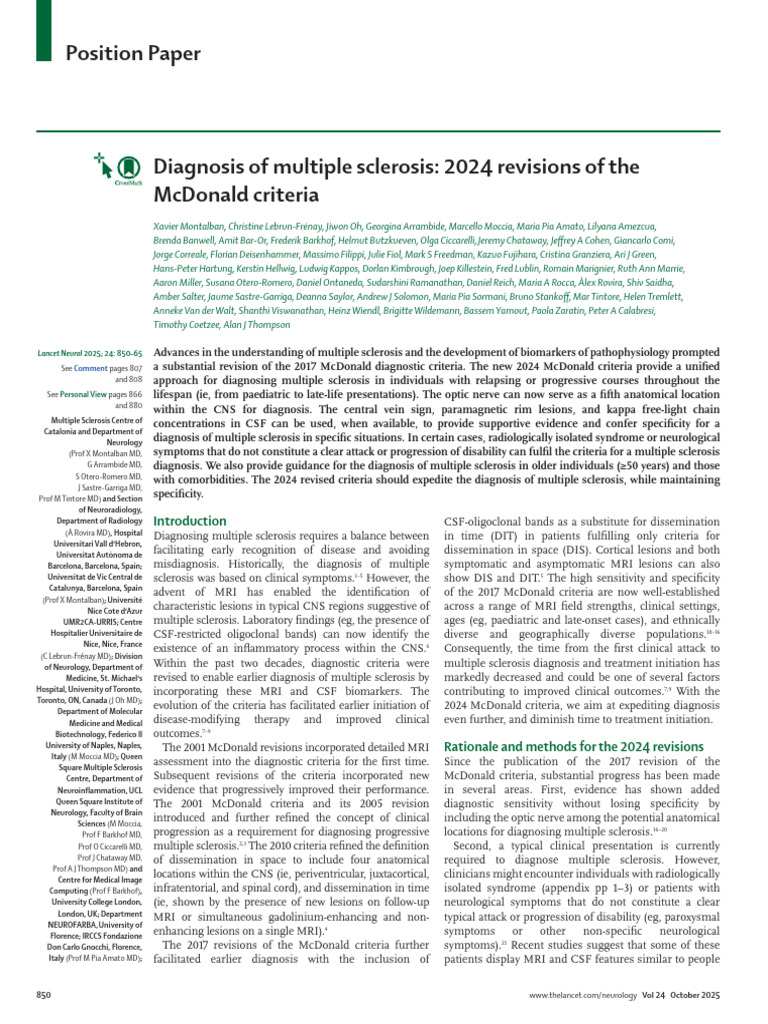 Diagnosis of Multiple Sclerosis 2024 Revisions of The McDonald Criteria | PDF | Multiple ...