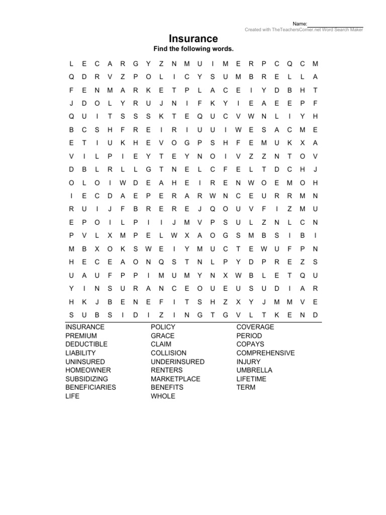 Insurance: Find The Following Words | PDF | Insurance | Health ...