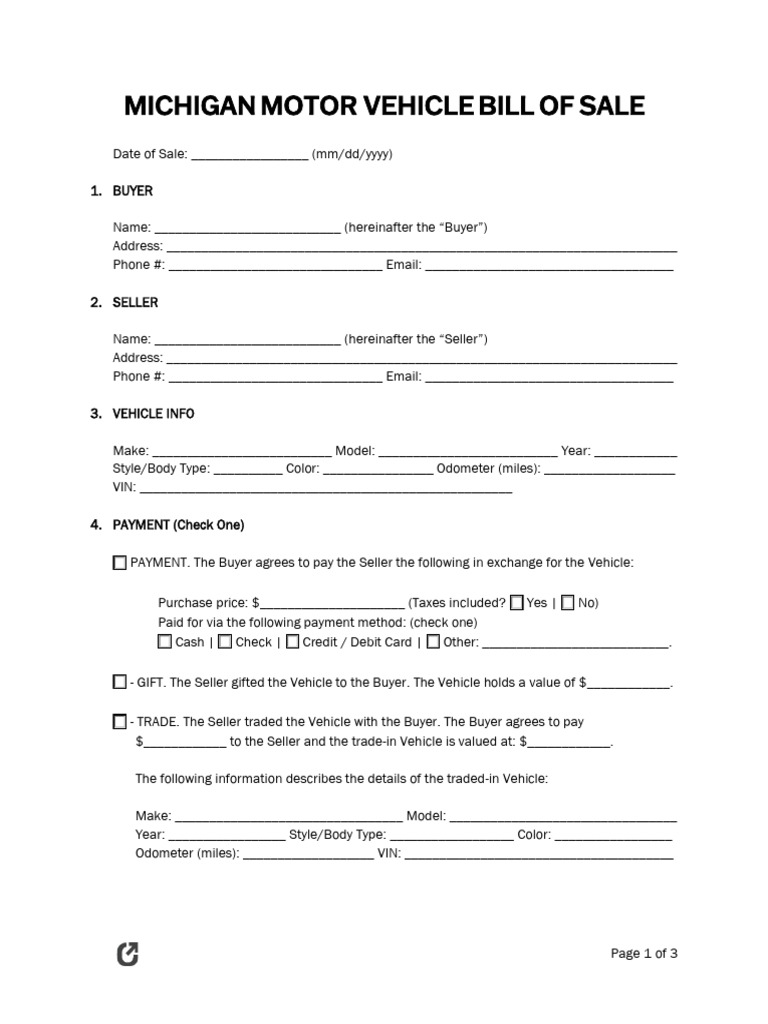 Michigan Motor Vehicle Bill of Sale | PDF | Payments