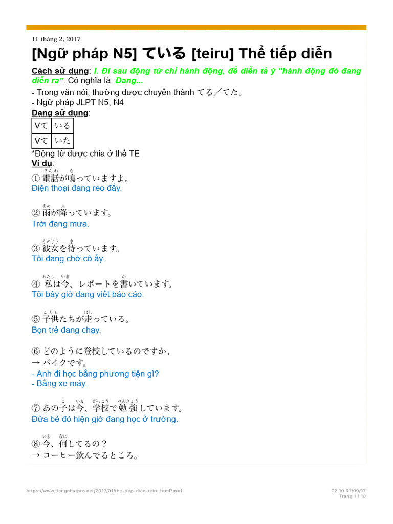 (Ngữ pháp N5) ている (teiru) Thể tiếp diễn - Tiếng Nhật | PDF
