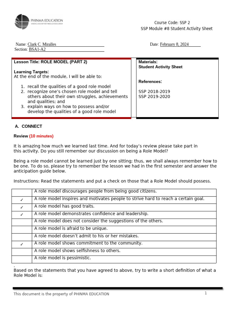 Miralles, Clark C. - 4) Freshmen Sem 2 - ROLE MODEL 2 - SAS | PDF | Leadership | Psychology