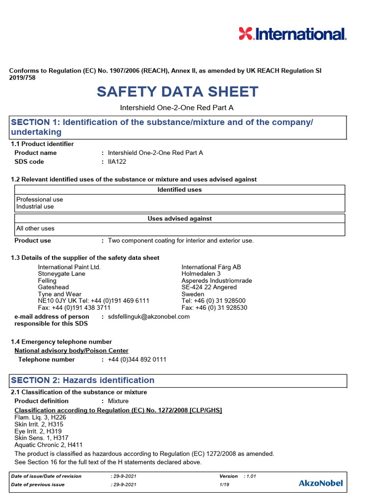 Intershield One-2-One Red Part A SDS | PDF | Personal Protective Equipment