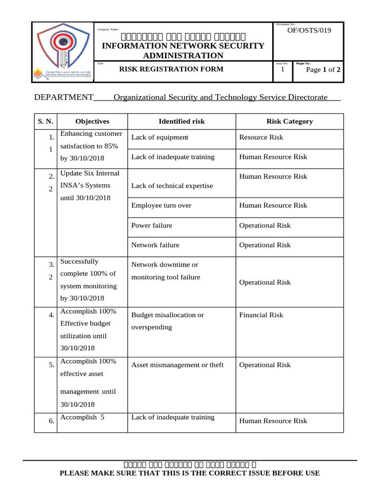 Of Osts 019 Risk Identification Form Osts | PDF | Business