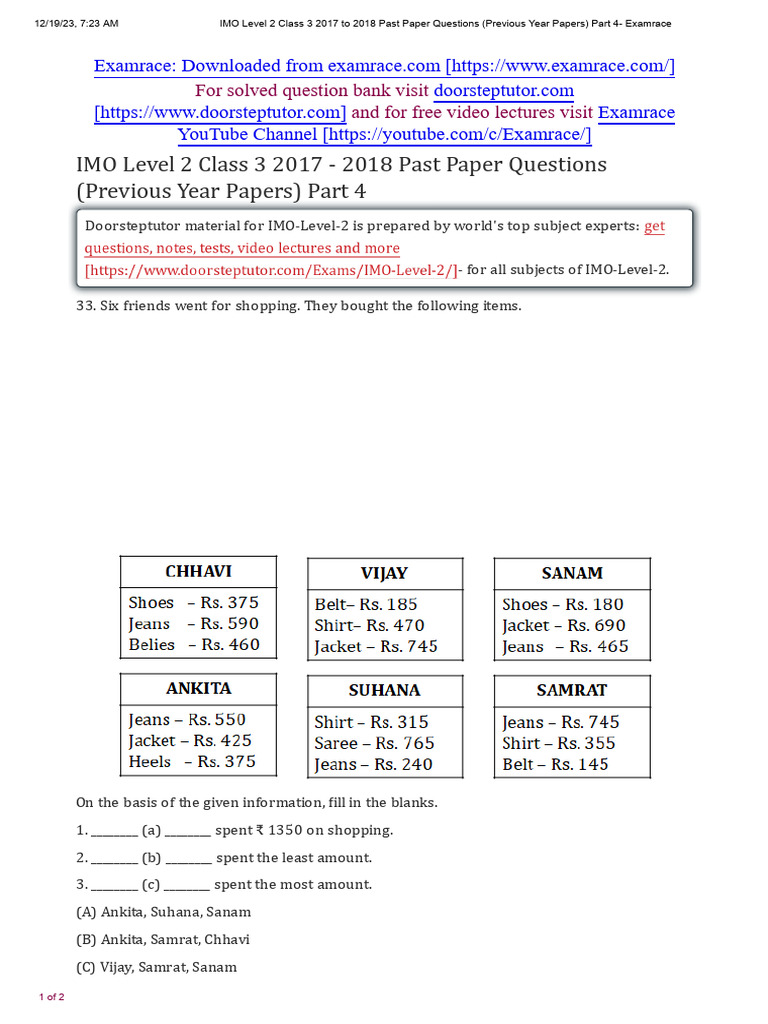 IMO Level 2 Class 3 Past Paper Qs Part 4 | PDF