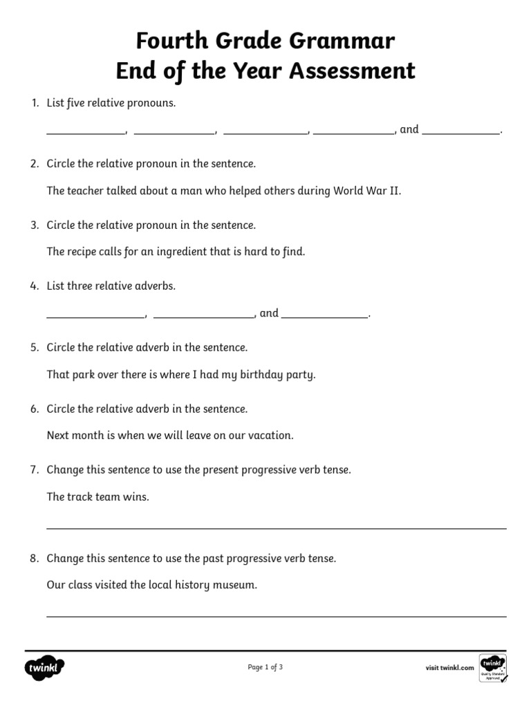 Fourth Grade End of The Year ELA Grammar Assessment | PDF | Verb ...