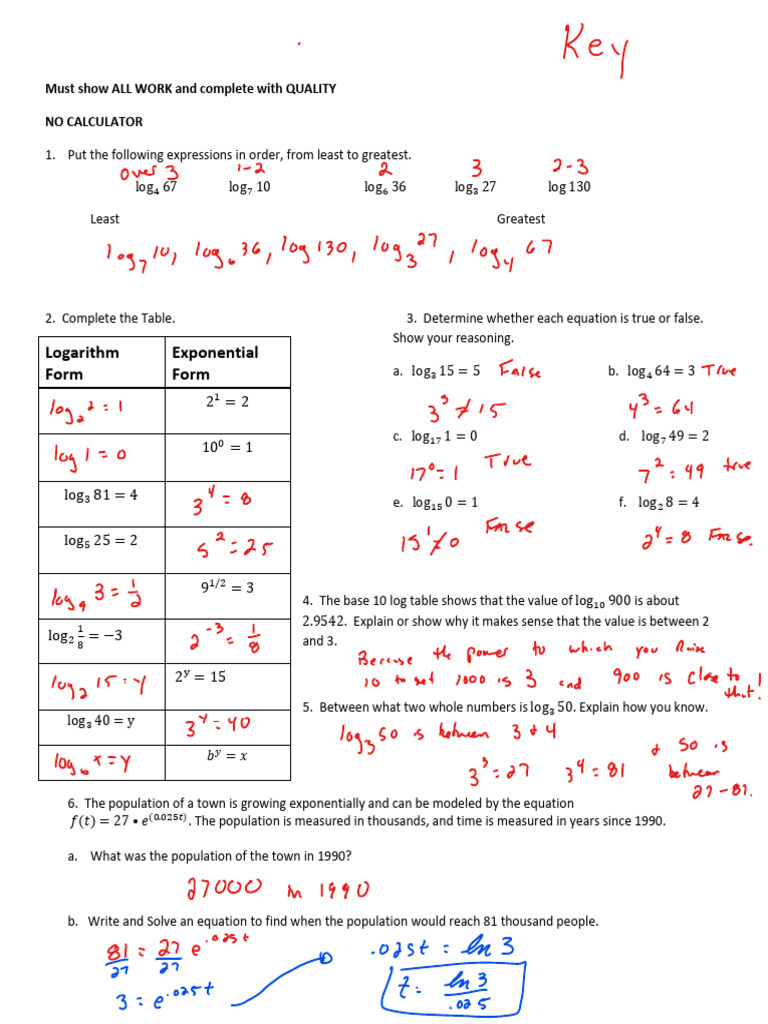 Unit 4b Review Answer Key | PDF | Logarithm | Equations