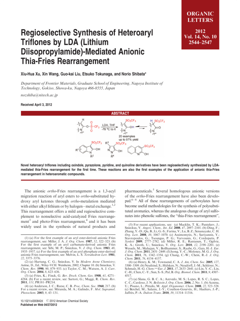 Xu Et Al 2012 Regioselective Synthesis of Heteroaryl Triflones by Lda ...
