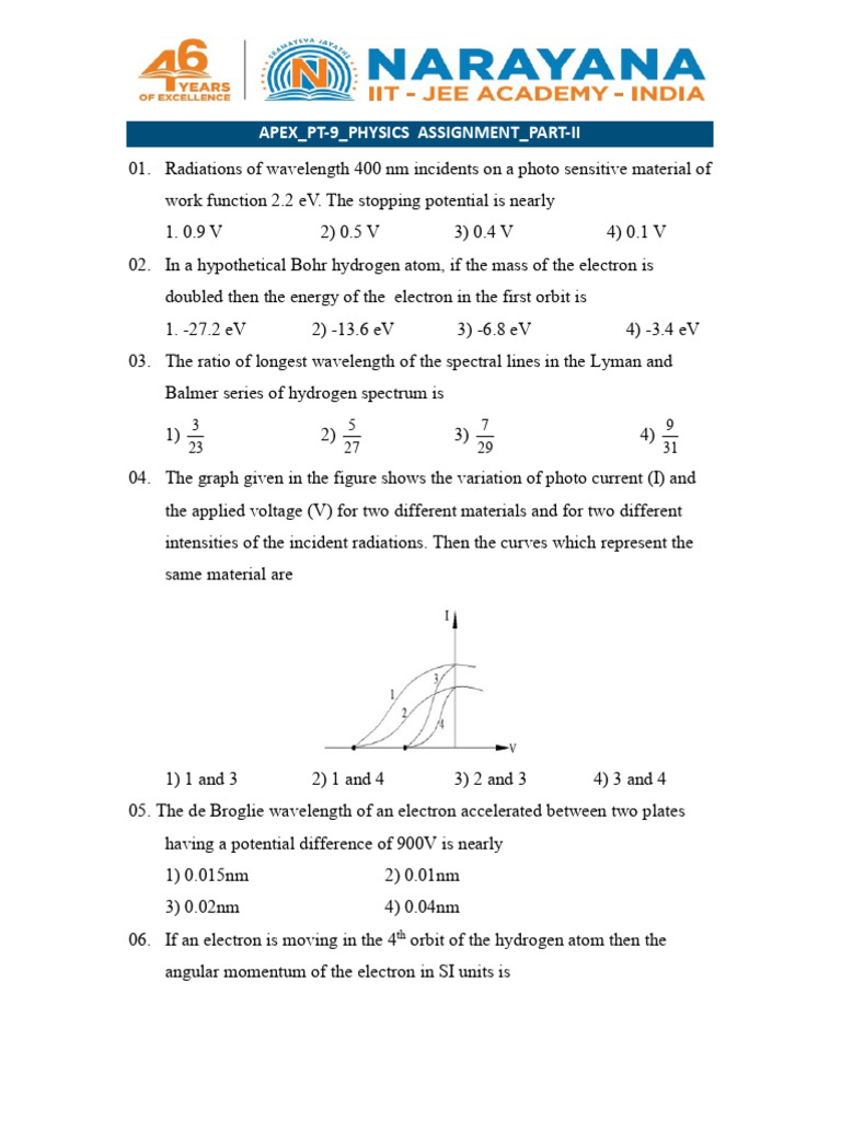 Apex Jeemain 2026 Physics Pt-9 Assignment Par-II | PDF | Photoelectric ...