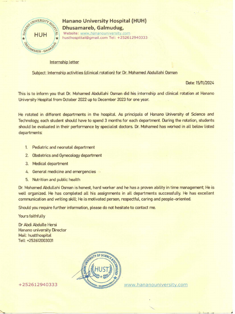 DR Mohamed Abdullahi Certificate Intership | PDF