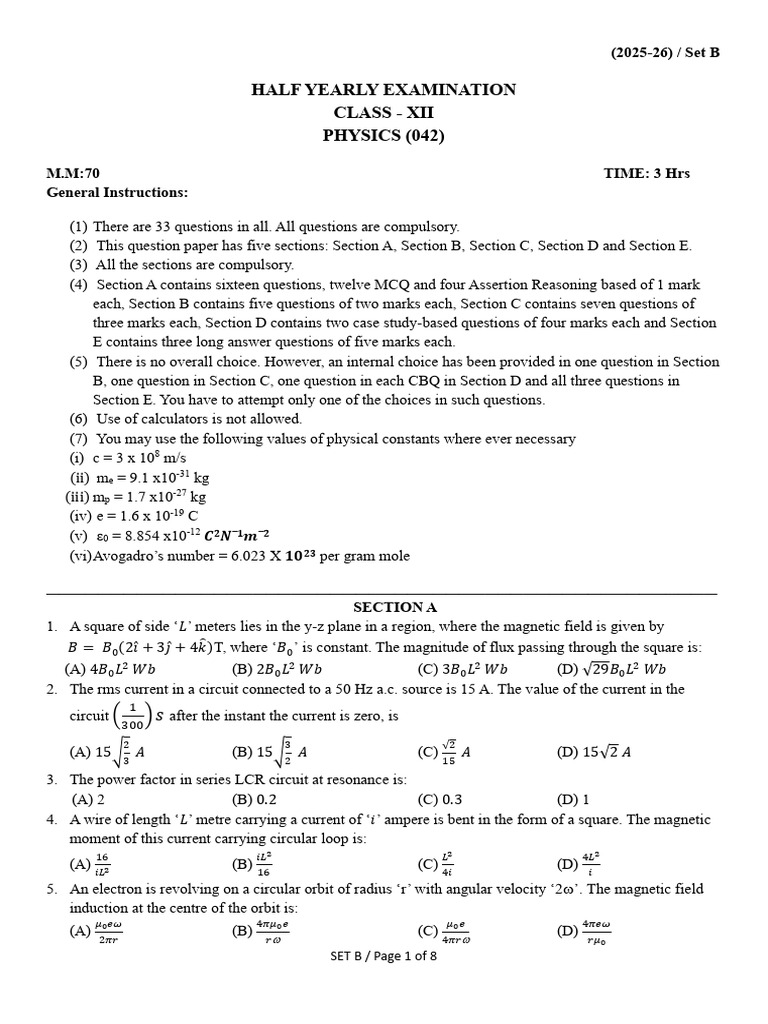 Hye Physics Set-B Class Xii 2025-26 PDF | PDF | Transformer | Inductor