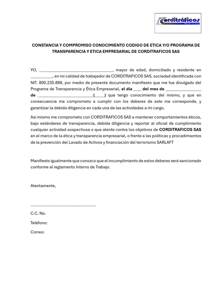 Constancia y Compromiso Conocimiento Odigo de Etica Cordi 2025 | PDF