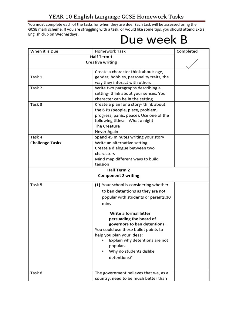 Year 10 GCSE English Homework Tasks | PDF | Psychological Concepts ...
