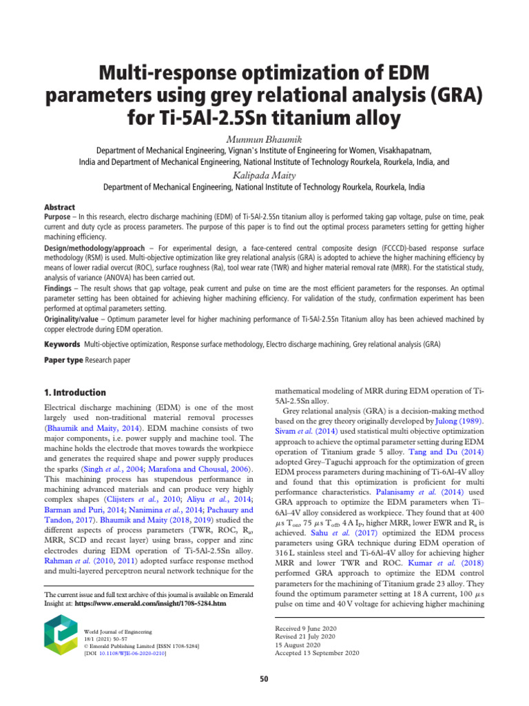 EDM Parameter Optimization for Ti-5Al-2.5Sn | PDF