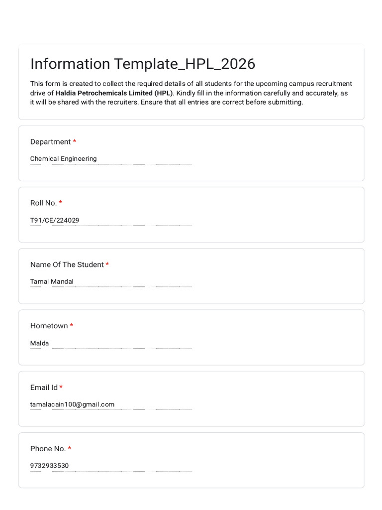 HPL Campus Recruitment Info Form | PDF | Qualifications | Educational ...