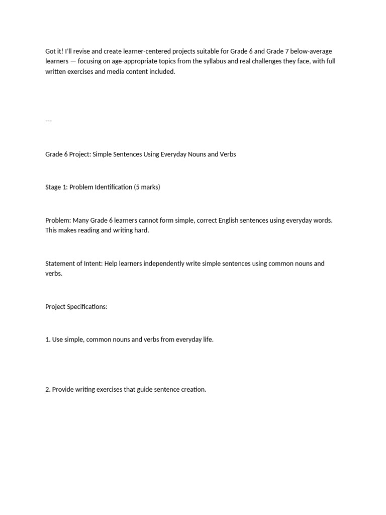 Grade 6-7 English Sentence Projects | PDF | Reading Comprehension ...