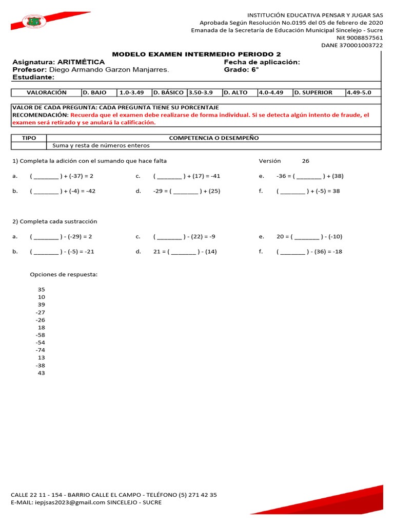 Modelo Arit 6 Inter Periodo 2 | PDF