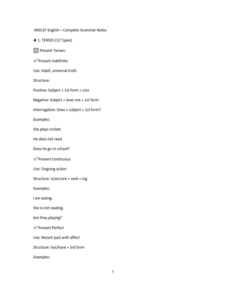 MDCAT English Grammar Notes Guide | PDF | Verb | Noun