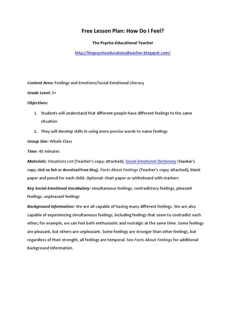 Understanding Feelings Lesson Plan | PDF | Emotions | Lesson Plan