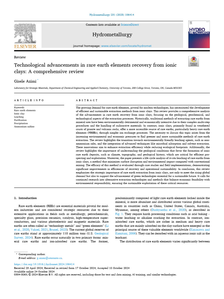 Technological Advancements in Rare Earth Elements Recovery From Ionic ...
