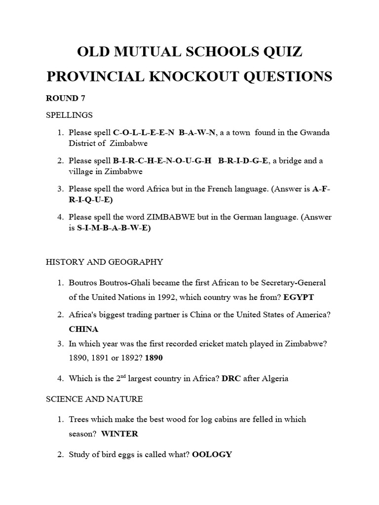 Old Mutual Schools Quiz Round 7 | PDF