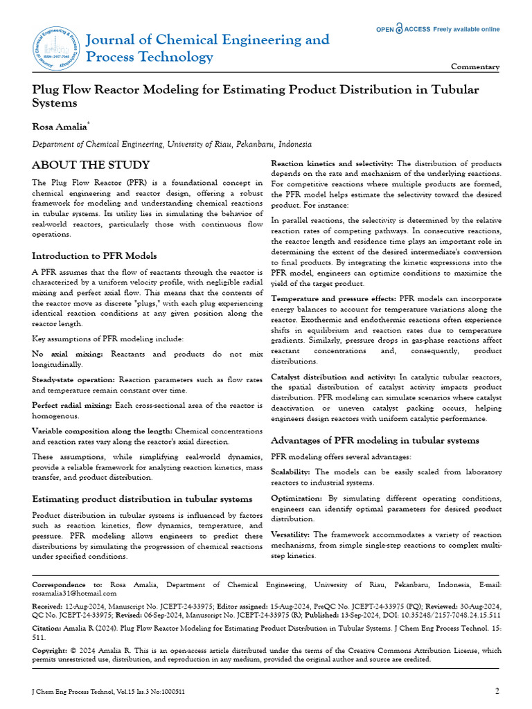 Plug Flow Reactor Modeling For Estimating Product Distribution in ...