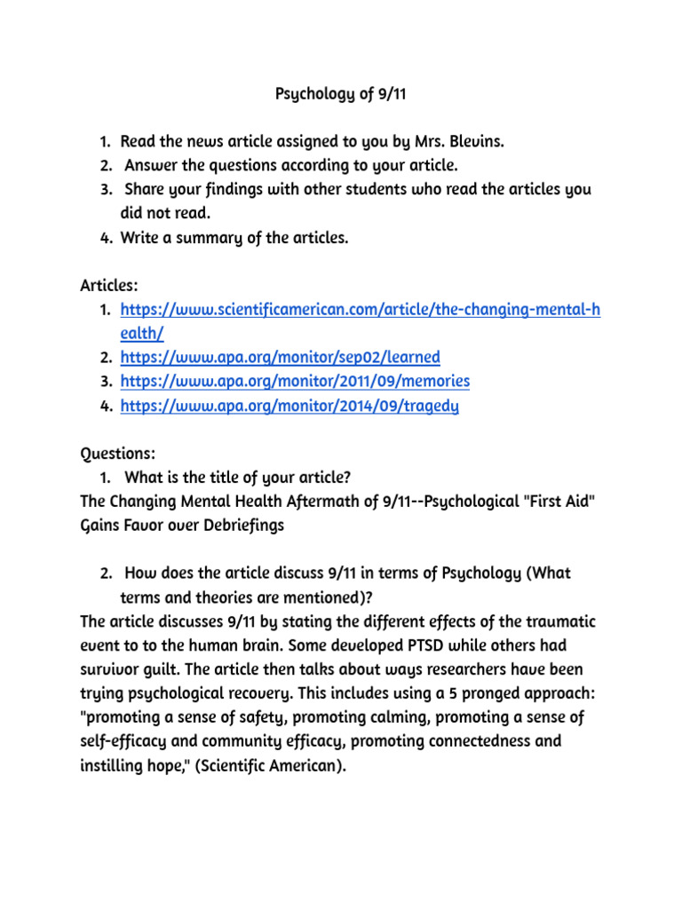 Psychology of 9 - 11 | PDF