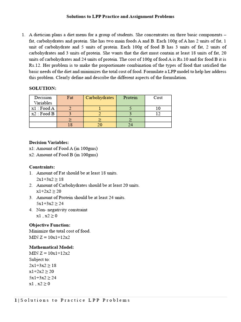LPP Solutions for Diet and Production Problems | PDF | Mathematical ...