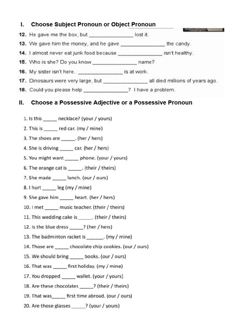 Subject, Object, Possessive Adj, Possessive Pronoun | PDF