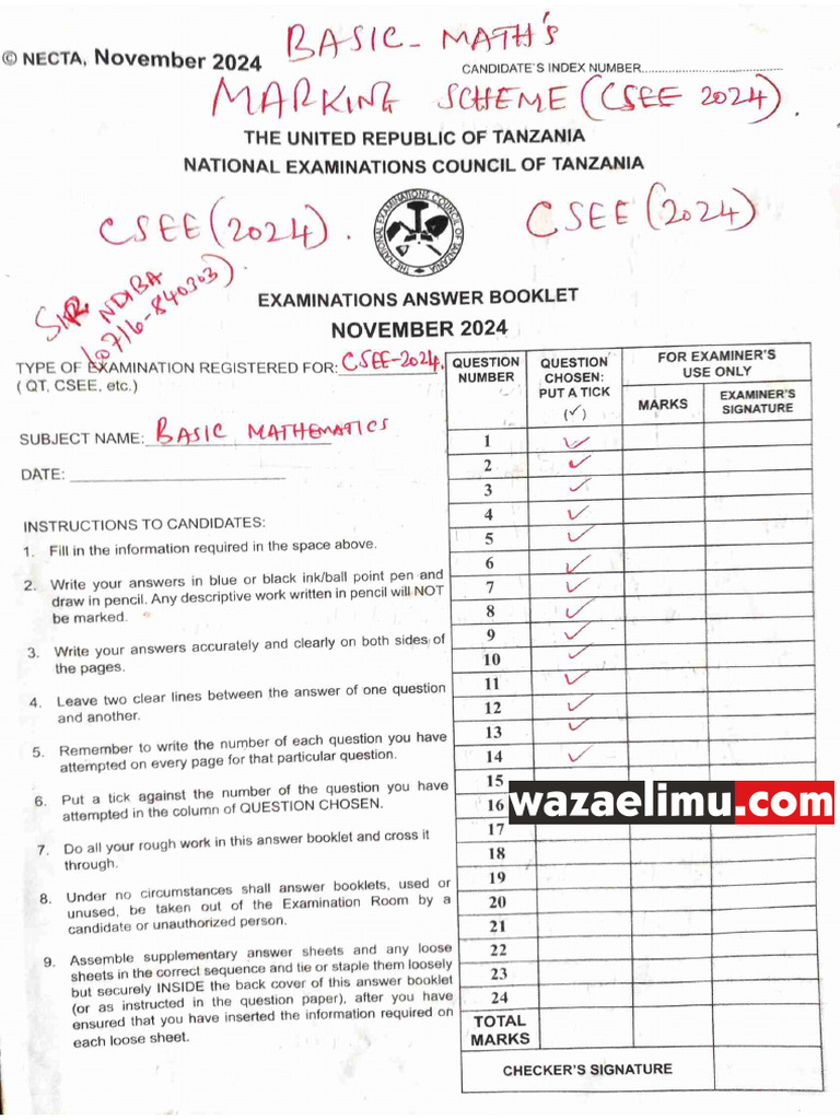 Csee 2024 B - Math's (MS) | PDF