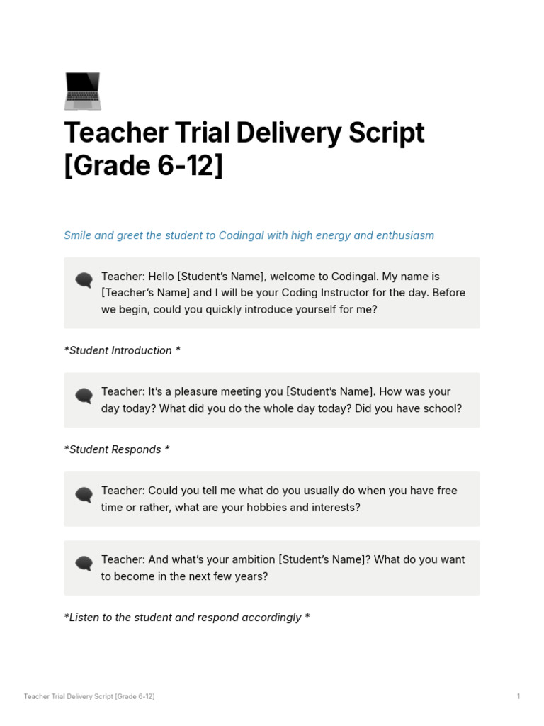 Teacher Script for Coding Class 6-12 | PDF | Teachers | Computer ...