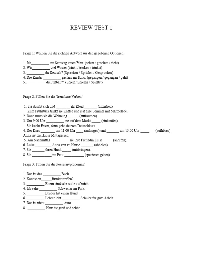 A1 (Deutsch) - Review Test 1 | PDF
