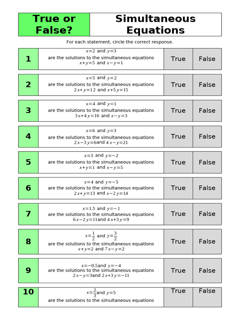 Simultaneous Equations True or False | PDF