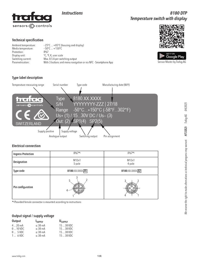 H73352i Instruction 8180 DTP Display Temperature Switch Instruction ...