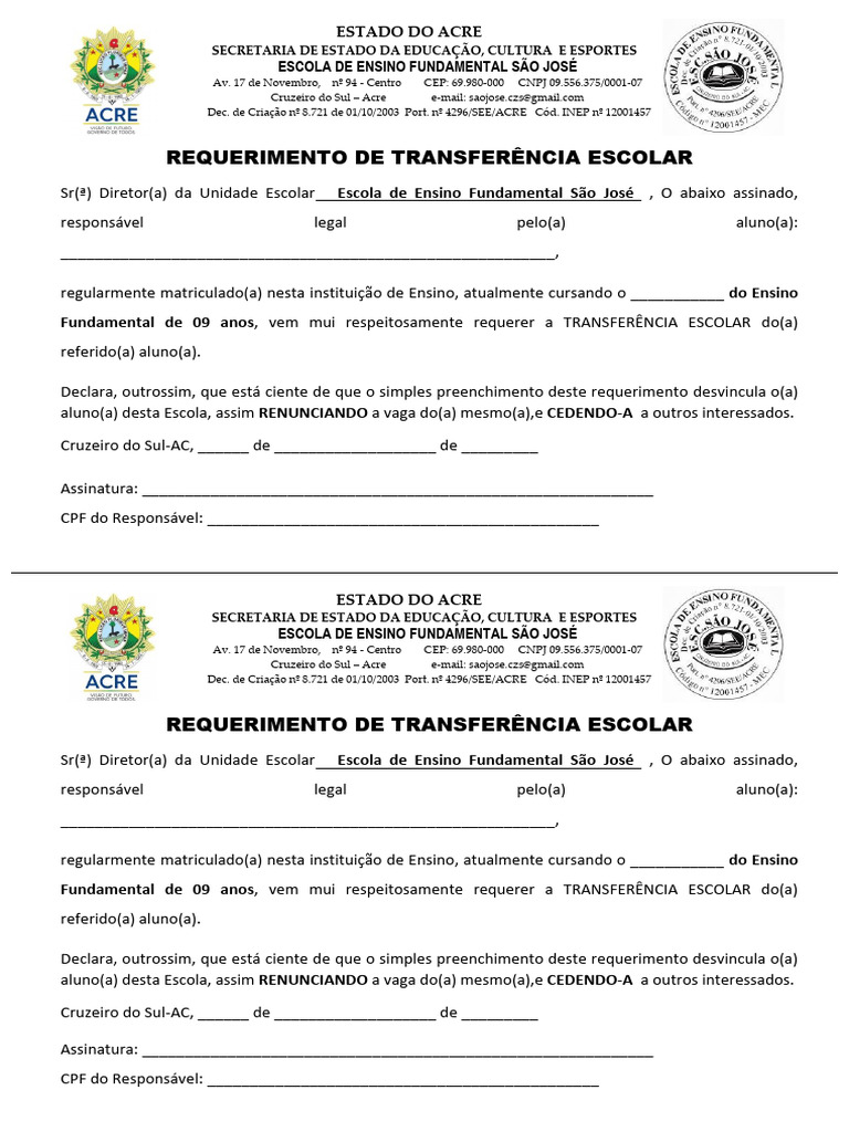 Requerimento de Transferência Escolar | PDF | Juventude | Escolas