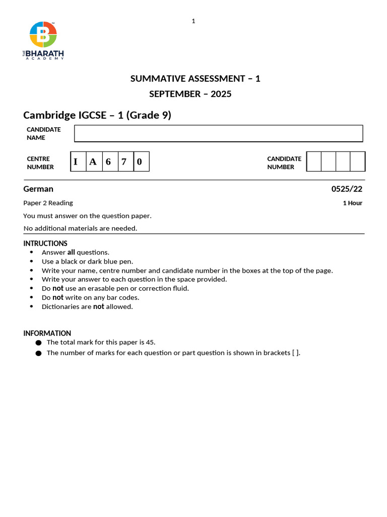 IGCSE German Reading Assessment 2025 | PDF
