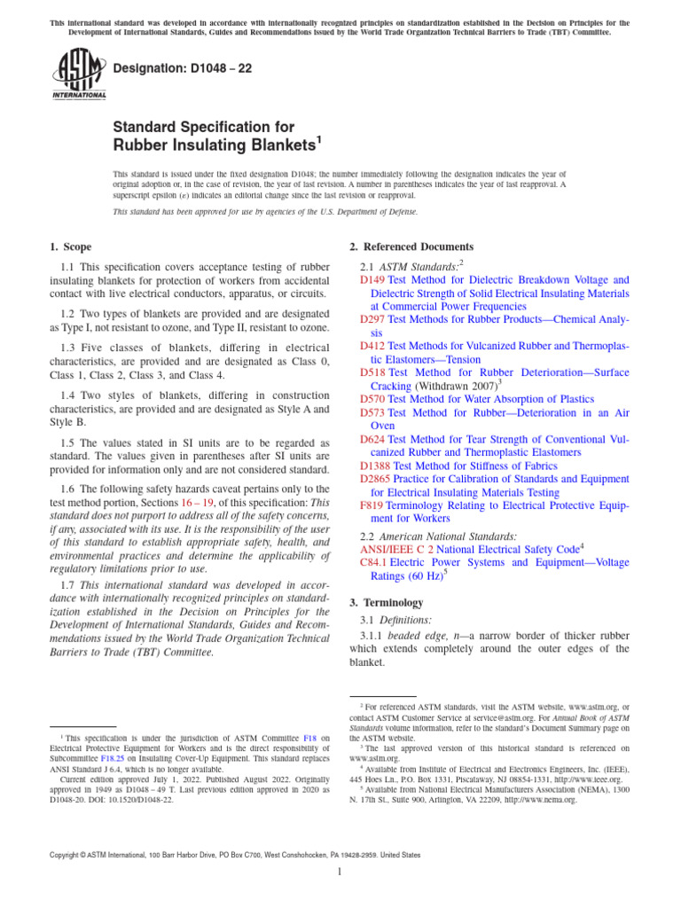 ASTM D1048-2022 - Standard Specification For Rubber Insulating Blankets ...