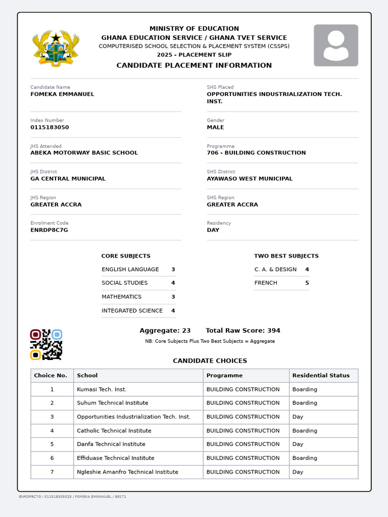 2025 Ghana CSSPS Placement Slip | PDF