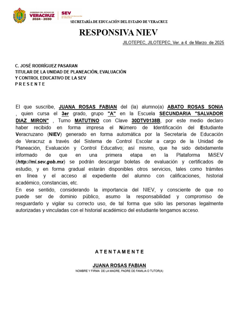 Responsiva NIEV para Estudiantes Veracruzanos | PDF