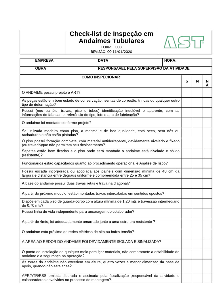 Check-list de Inspeção de Andaimes | PDF