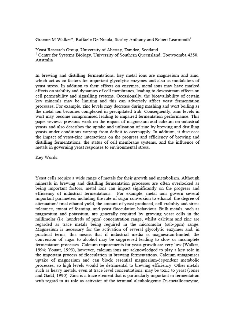 Yeast-Metal Interactions-Impact On Brewing and Distilling Fermentations ...