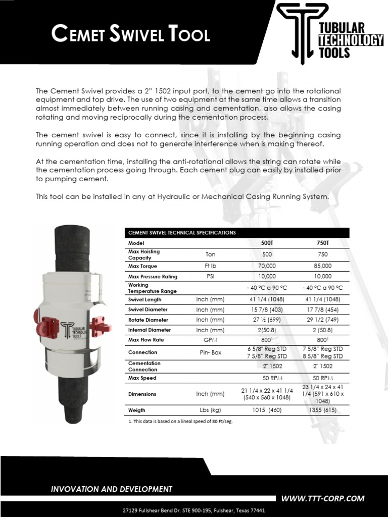 Cement Swivel Tool Specifications and Benefits | PDF | Mechanical ...