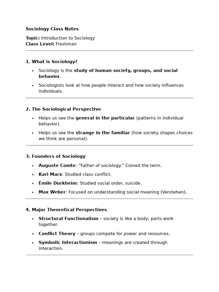 Introduction to Sociology Class Notes | PDF