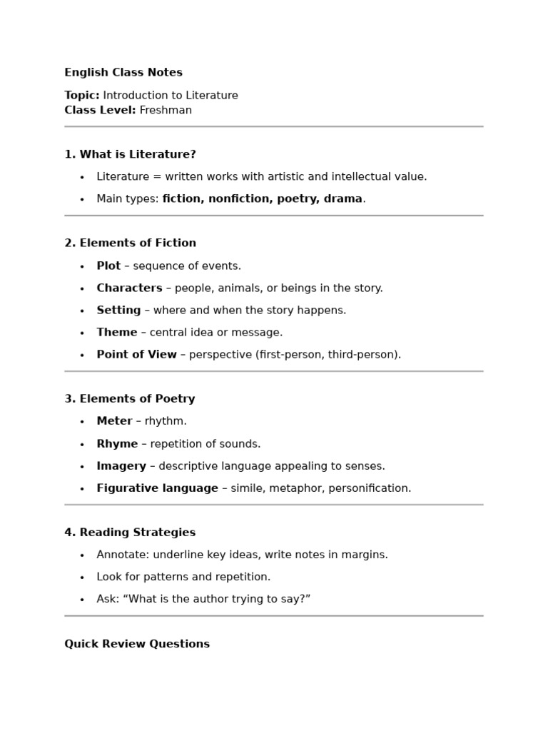 Intro to Literature Class Notes | PDF
