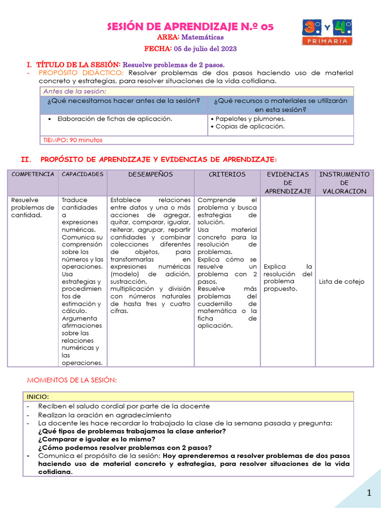 SESION 05-IV-CICLO-MAT-Resuelve Problemas de 2 Pasos. | PDF | Aprendizaje
