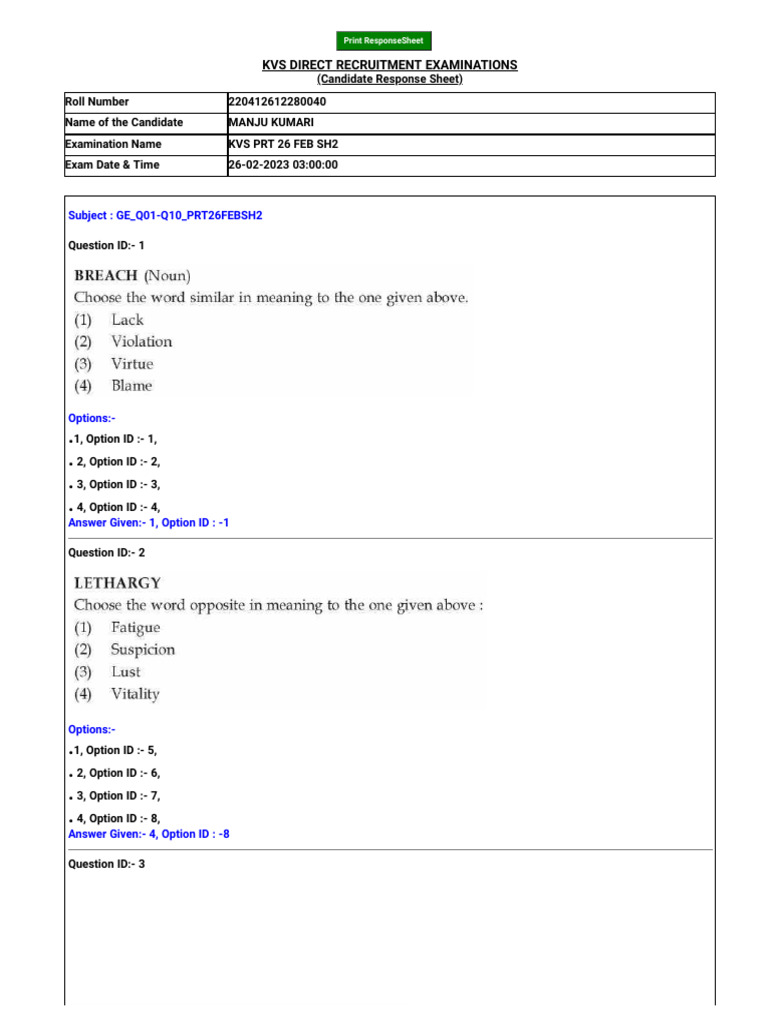 KVS PRT Exam Response Sheet 2023 | PDF