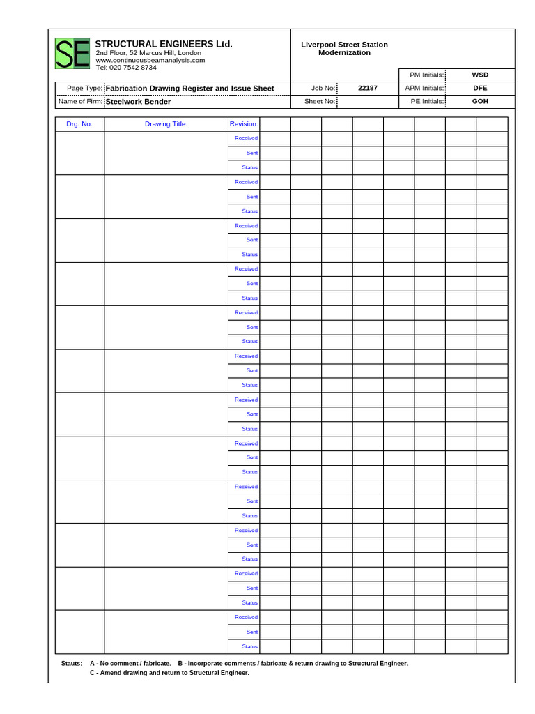 Fabrication Drawing Register for Job 22187 | PDF