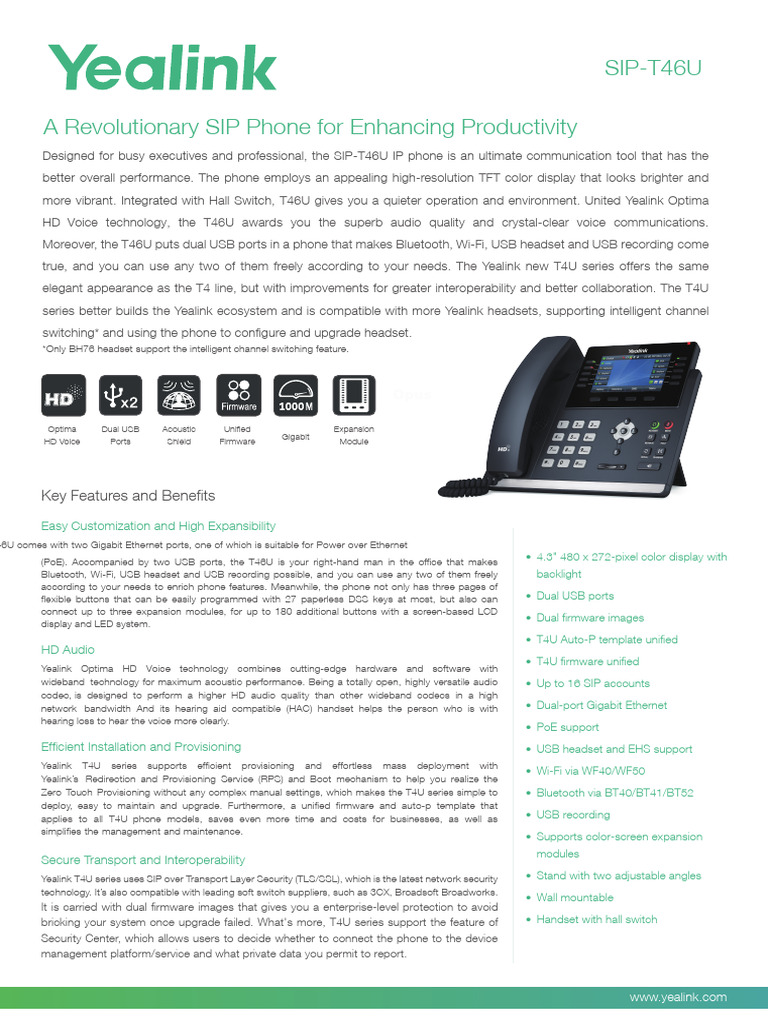 Yealink SIP-T46U Datasheet | PDF | Usb | Session Initiation Protocol