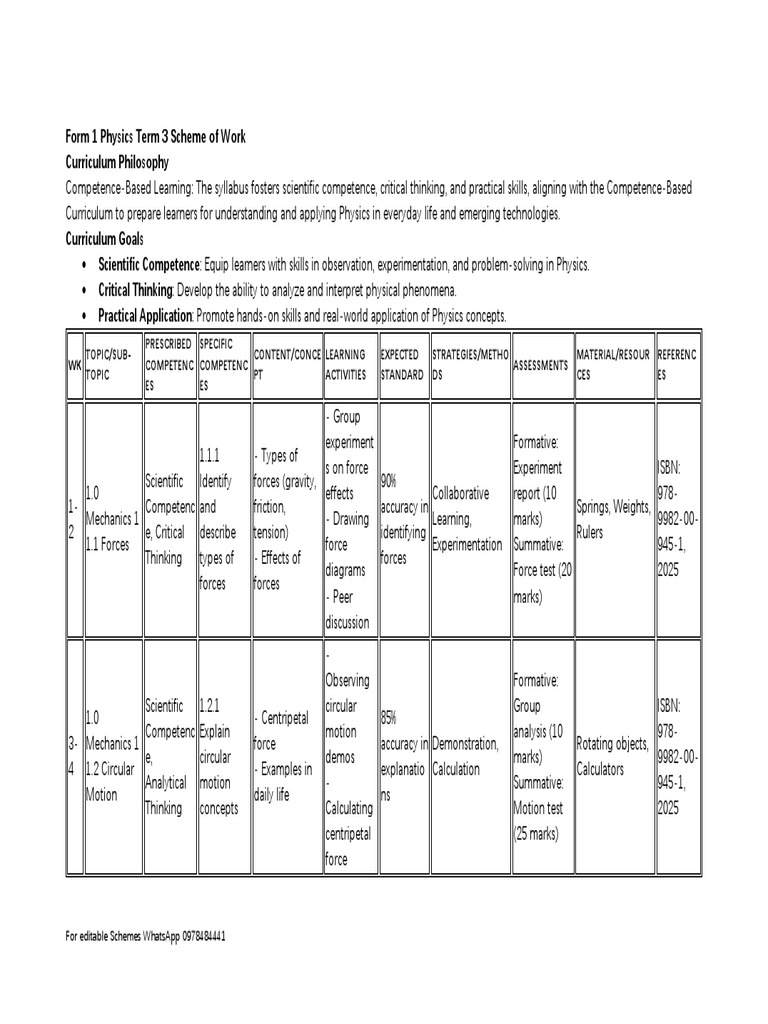 Form 1 Physics Term 3 Scheme of Work | PDF | Force | Physics
