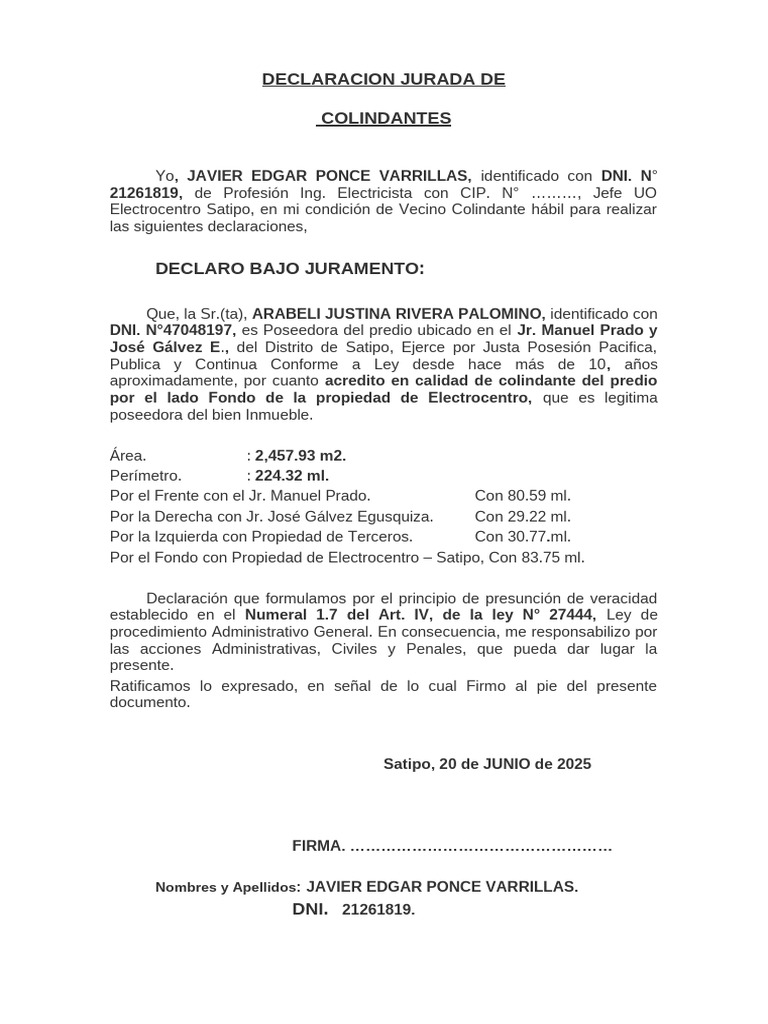 2025 Declaracion Jurada de Colindancia de Lote Arabeli | PDF ...